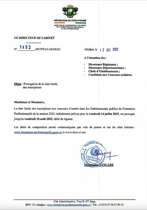 Côte d'Ivoire : METFPA / Concours scolaires session 2023.