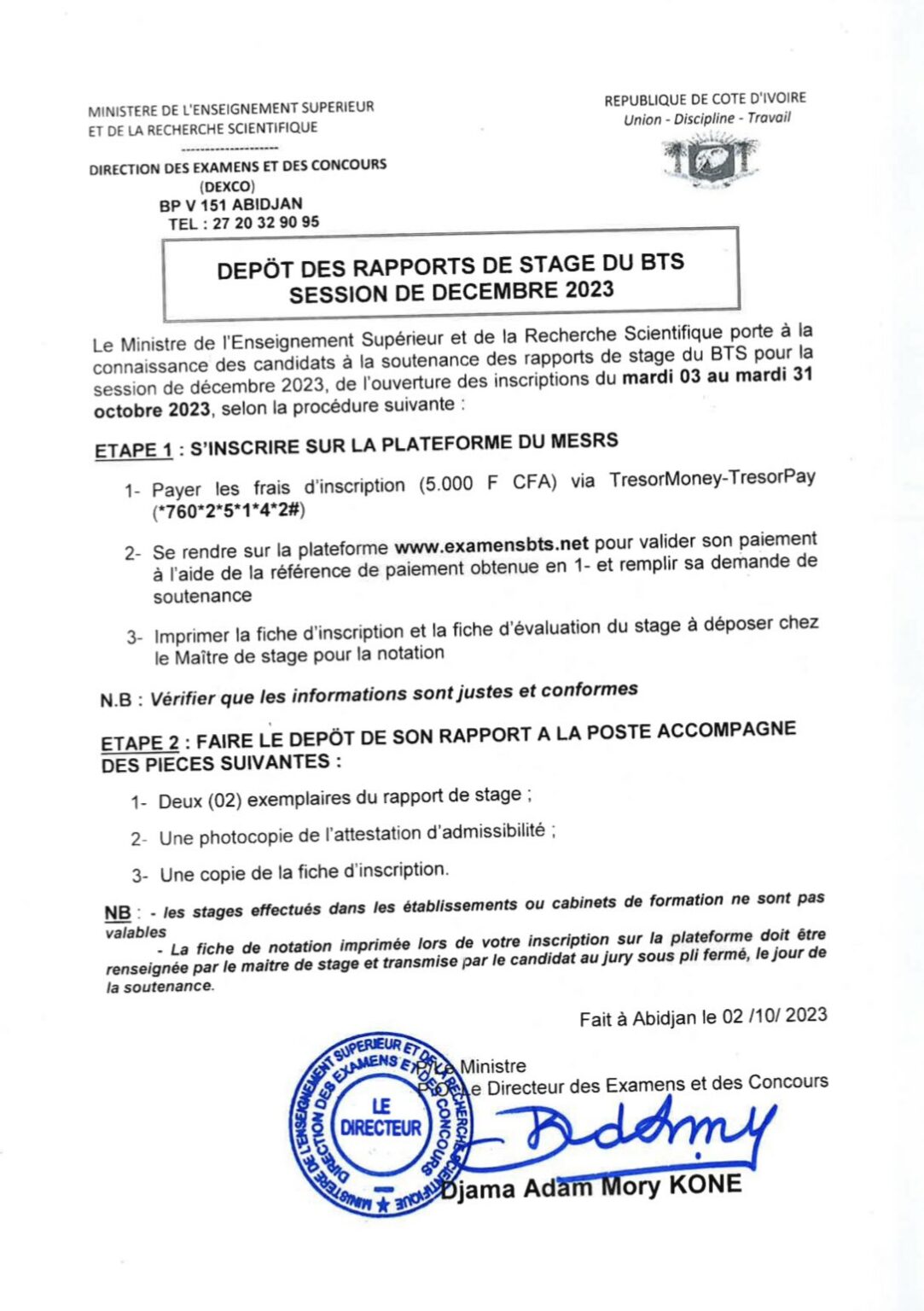 Côte d'Ivoire / Dépôt des rapports de stage du BTS.