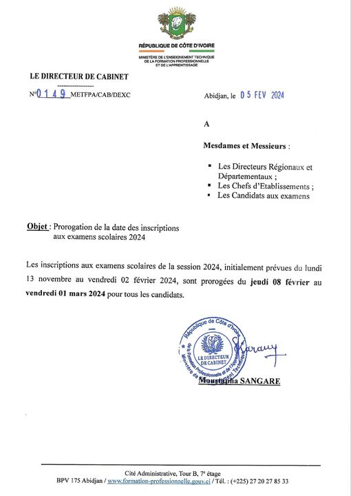 Côte d'Ivoire / METFPA : Prorogation de la date des inscriptions.