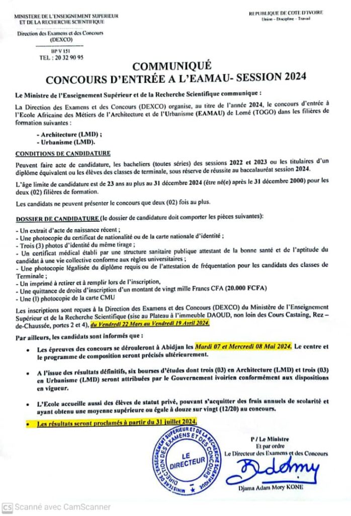 Enseignement supérieur / Concours d'entrée à l'EAMAU 2024.