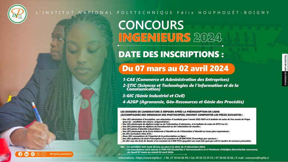 INP-HB / Rappel : Concours ingénieurs session 2024.