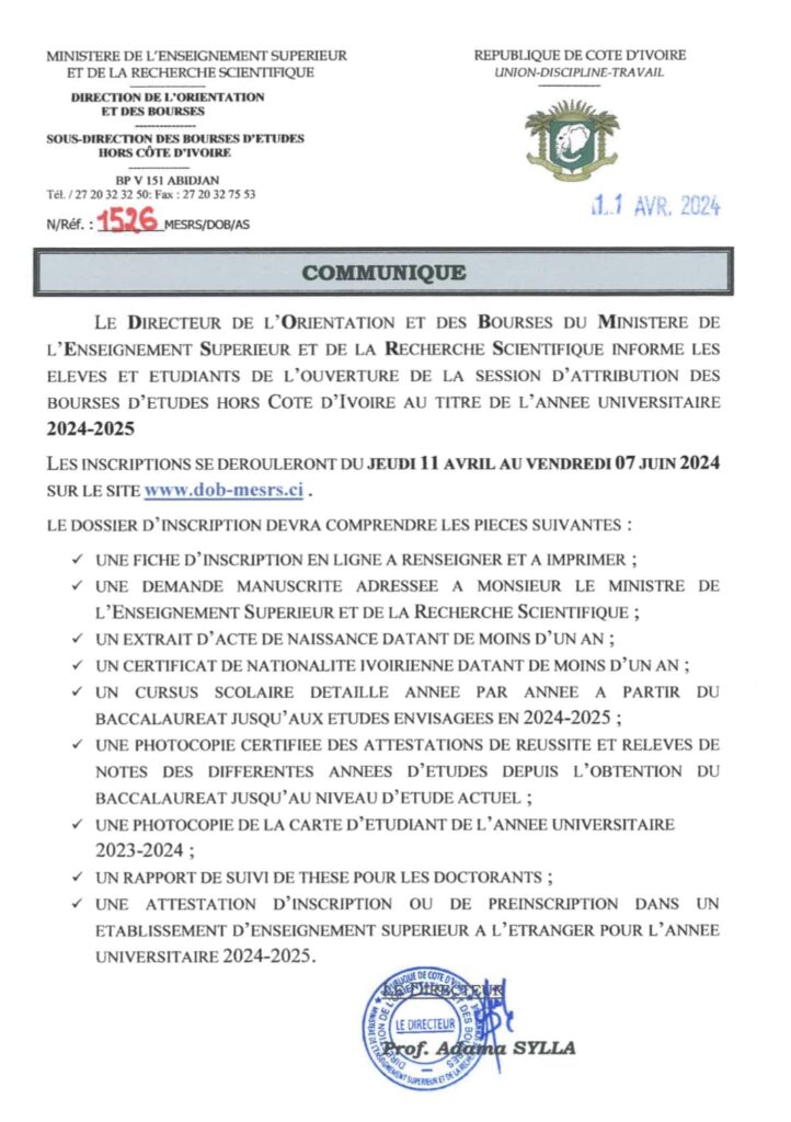 Bourses d'Études hors Côte d'Ivoire 2024 - 2025 / La session.