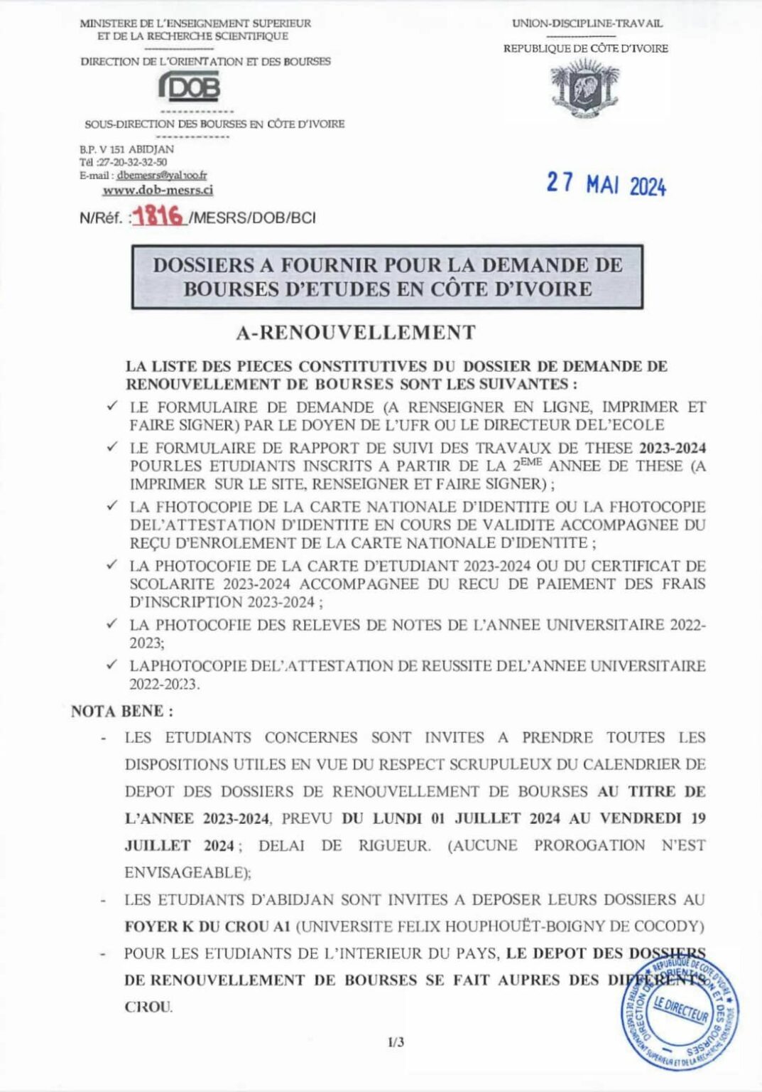 Côte d'Ivoire / Renouvellement et Attribution de Bourses.